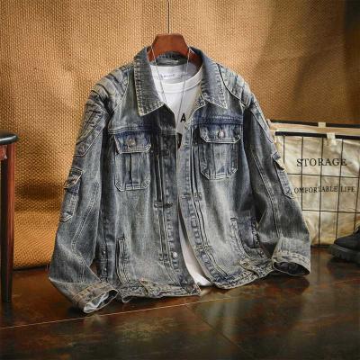 China Daily Pleated Fabric Hem mens denim jacket wholesale Stone Wash Long Sleeve Custom (JK764) for sale