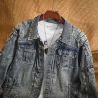 China Daily Pleated Fabric Hem mens denim jacket wholesale Stone Wash Long Sleeve Custom (JK764) for sale