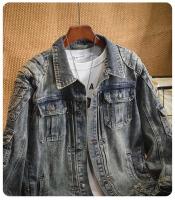 China Daily Pleated Fabric Hem mens denim jacket wholesale Stone Wash Long Sleeve Custom (JK764) for sale