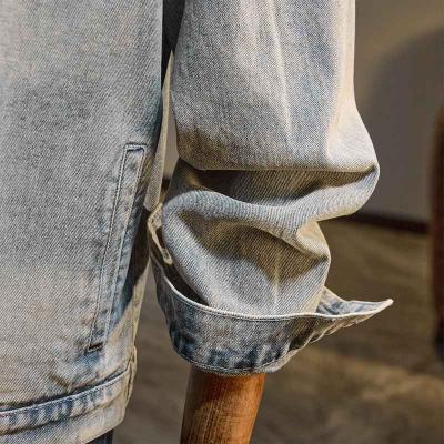 China Stand Collar Washed Fabric Hem Embroidered mens denim jacket wholesale Solid Color Long Sleeve Custom (JK539) for sale