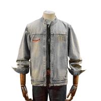 China Stand Collar Washed Fabric Hem Embroidered mens denim jacket wholesale Solid Color Long Sleeve Custom (JK539) for sale