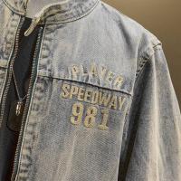 China Stand Collar Washed Fabric Hem Embroidered mens denim jacket wholesale Solid Color Long Sleeve Custom (JK539) for sale