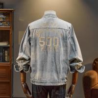 China Stand Collar Washed Fabric Hem Embroidered mens denim jacket wholesale Solid Color Long Sleeve Custom (JK539) for sale