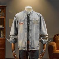 China Stand Collar Washed Fabric Hem Embroidered mens denim jacket wholesale Solid Color Long Sleeve Custom (JK539) for sale