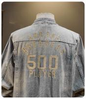 China Stand Collar Washed Fabric Hem Embroidered mens denim jacket wholesale Solid Color Long Sleeve Custom (JK539) for sale