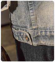 China Stand Collar Washed Fabric Hem Embroidered mens denim jacket wholesale Solid Color Long Sleeve Custom (JK539) for sale