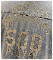 China Stand Collar Washed Fabric Hem Embroidered mens denim jacket wholesale Solid Color Long Sleeve Custom (JK539) for sale