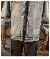 China Stand Collar Washed Fabric Hem Embroidered mens denim jacket wholesale Solid Color Long Sleeve Custom (JK539) for sale