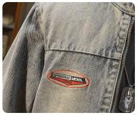 China Stand Collar Washed Fabric Hem Embroidered mens denim jacket wholesale Solid Color Long Sleeve Custom (JK539) for sale