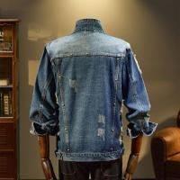 China Blue Distressed Long Sleeve mens denim jacket wholesale Lapel Collar Polyester 19% Custom (JK591) for sale