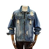 China Blue Distressed Long Sleeve mens denim jacket wholesale Lapel Collar Polyester 19% Custom (JK591) for sale