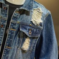 China Blue Distressed Long Sleeve mens denim jacket wholesale Lapel Collar Polyester 19% Custom (JK591) for sale