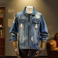 China Blue Distressed Long Sleeve mens denim jacket wholesale Lapel Collar Polyester 19% Custom (JK591) for sale