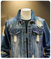 China Blue Distressed Long Sleeve mens denim jacket wholesale Lapel Collar Polyester 19% Custom (JK591) for sale