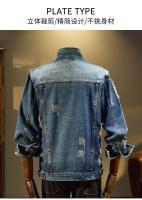 China Blue Distressed Long Sleeve mens denim jacket wholesale Lapel Collar Polyester 19% Custom (JK591) for sale
