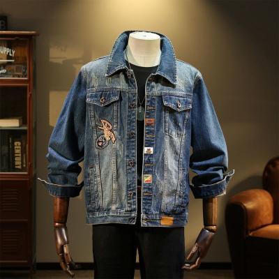 China Blue Washed Fabric Hem mens denim jacket wholesale Embroidered Youth Trend Custom (JK558) for sale