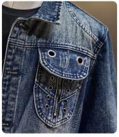 China Blue Washed Fabric Hem biker jacket wholesale Long Sleeve Lapel Collar Custom (JK525) for sale