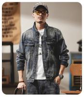 China Blue Washed Outdoor mens denim jacket wholesale Long Sleeve Stand Collar Custom (JK528) for sale