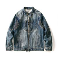 China Navy Daily Washed mens denim jacket wholesale Round Neck Long Sleeve Custom (JK771) for sale