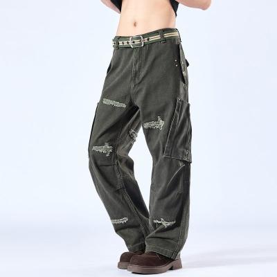 China Beading Washed Casual Beading wide leg track pants Army Green Cotton 100% Custom (KU2510) for sale