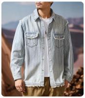 China Striped Raw Edge Light Blue french workwear jacket wholesale Youth Trend Long Sleeve Custom (CS015) for sale