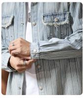 China Striped Raw Edge Light Blue french workwear jacket wholesale Youth Trend Long Sleeve Custom (CS015) for sale