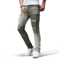 China Mid Waist Distressed Stone Washed wholesale skinny jeans mens Urban Fashion Khaki Army Green Custom (TM257) for sale