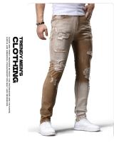 China Mid Waist Distressed Stone Washed wholesale skinny jeans mens Urban Fashion Khaki Army Green Custom (TM257) for sale