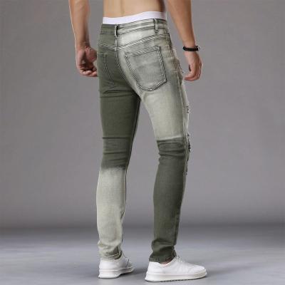 China Daily Mid Waist Stone Washed wholesale skinny jeans mens Urban Fashion Khaki Army Green Custom (TM257) for sale