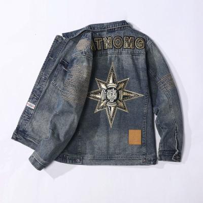 China Blue Fabric Hem Embroidered biker jacket wholesale Solid Color Long Sleeve Custom (JK538) for sale