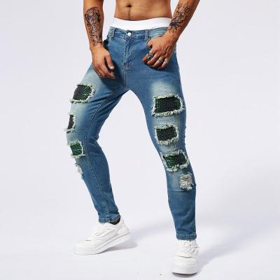 China Blue Mid Waist Regular Fit wholesale skinny jeans mens Urban Fashion Vintage Washed Knit Custom (TM224) for sale