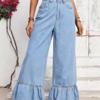 China Blue Washed Casual wide leg track pants Pleated High Waist Custom (927) for sale