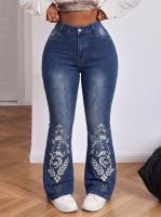China Loose Fit Blue Cotton Casual wide leg track pants High Waist Embroidered Custom (830) for sale