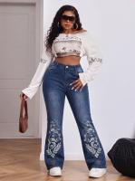 China Loose Fit Blue Cotton Casual wide leg track pants High Waist Embroidered Custom (830) for sale
