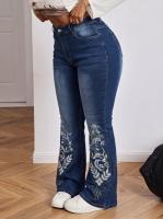 China Loose Fit Blue Cotton Casual wide leg track pants High Waist Embroidered Custom (830) for sale