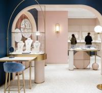 China Straight Modular Jewelry Display Counter | Pink Navy Blue Gold Metal Edging | Arc Middle Island Counter Built-in Retail Store for sale