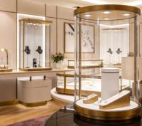 China Cylindrical Jewelry Display Pedestal LED | Gold Metal Frame Glass Dome Enclosure | Luxury Counter High-End Jewelry Boutique for sale