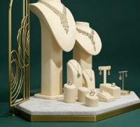 China Luxury Beige Velvet & Gold Art Deco Jewelry Display Set, Complete Turnkey Bust Form & Organizer Kit for sale