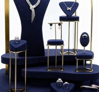China Luxury Navy Blue Velvet & Gold Jewelry Display Stand, Tiered Showcase with Custom Logo for Retail Boutiques for sale