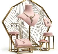 China Luxury Pink Velvet & Gold Jewelry Display Stand Set, Geometric Octagon Backdrop Showcase for Boutiques & Photography for sale