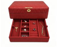 China Luxury Red Quilted Leather Jewelry Box, 2-Tier Lockable Organizer with Velvet Lining & Drawer for sale