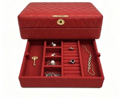 China Luxury Red Quilted Leather Jewelry Box, 2-Tier Lockable Organizer with Velvet Lining & Drawer for sale