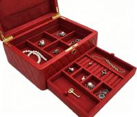 China Luxury Red Quilted Leather Jewelry Box, 2-Tier Lockable Organizer with Velvet Lining & Drawer for sale