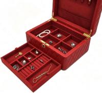 China Luxury Red Quilted Leather Jewelry Box, 2-Tier Lockable Organizer with Velvet Lining & Drawer for sale