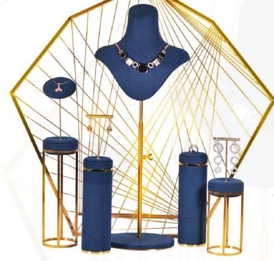 China Luxury Navy Blue Velvet & Gold Jewelry Display Set, Hexagon Geometric Stand Kit for Boutiques & Photography for sale