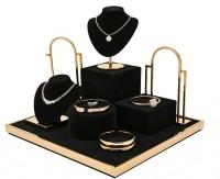 China High-End Custom Jewelry Display Stand Set Premium Black Velvet Gold Plated Metal Showcase Necklace Bust Luxury Jewelry Store for sale