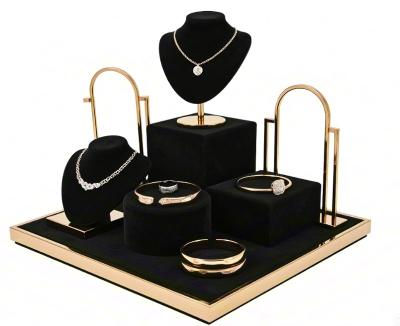 China High-End Custom Jewelry Display Stand Set Premium Black Velvet Gold Plated Metal Showcase Necklace Bust Luxury Jewelry Store for sale
