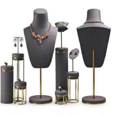 China Elegant Modern Jewelry Display Stand, Dark Gray Velvet & Gold Metal Countertop Set for Jewelry Retail for sale