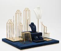 China Modern Geometric Jewelry Display Stand Set Navy Velvet Gold Metal for Luxury Jewelry Store for sale