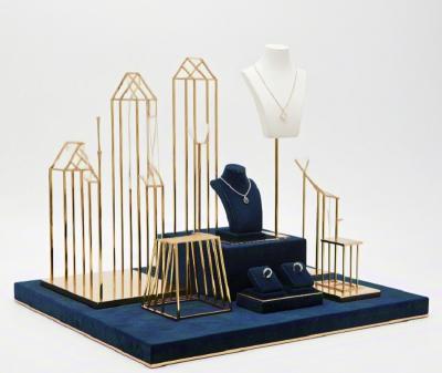 China Modern Geometric Jewelry Display Stand Set Navy Velvet Gold Metal for Luxury Jewelry Store for sale